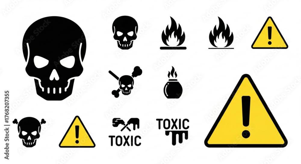 Collection of warning signs including skulls, flames, and toxic symbols ...