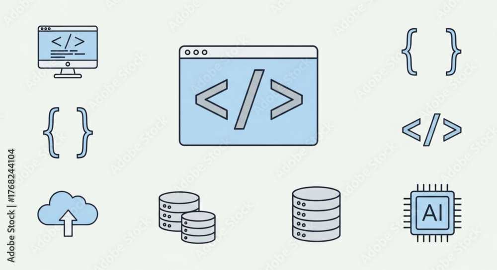 Illustration depicting software development elements including coding ...