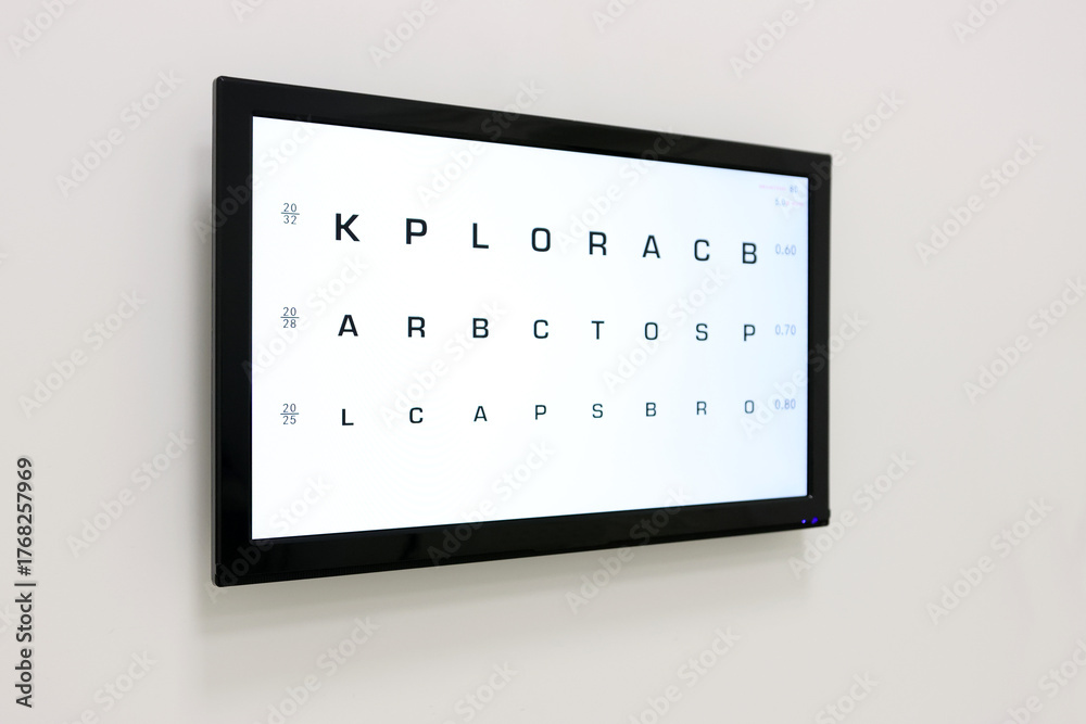 Vision chart with rows of black letters displayed on a wall screen used ...