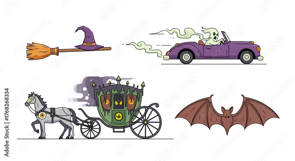 Spooky Halloween vector cartoon elements set with a witch's broom, hat ...