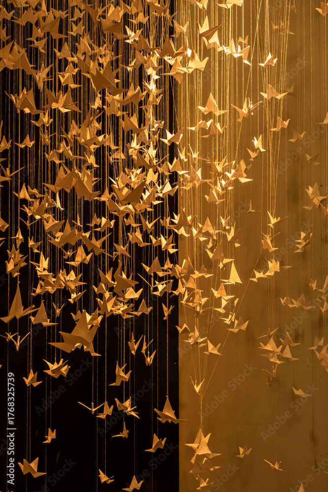 paper origami birds tied to strings hanging in air against a black ...
