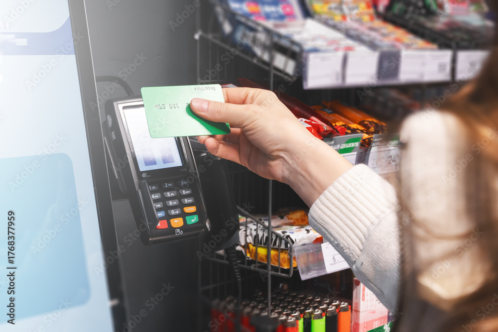 Payment by credit card at the self-service terminal with a touch screen ...