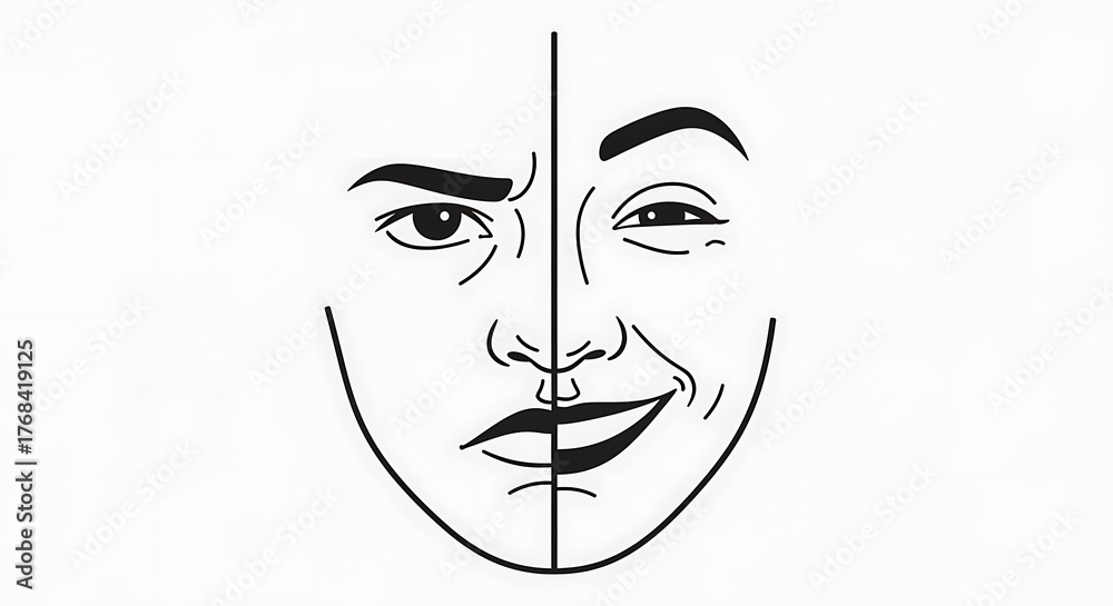 Split face showing contrasting emotions - angry and happy expressions ...
