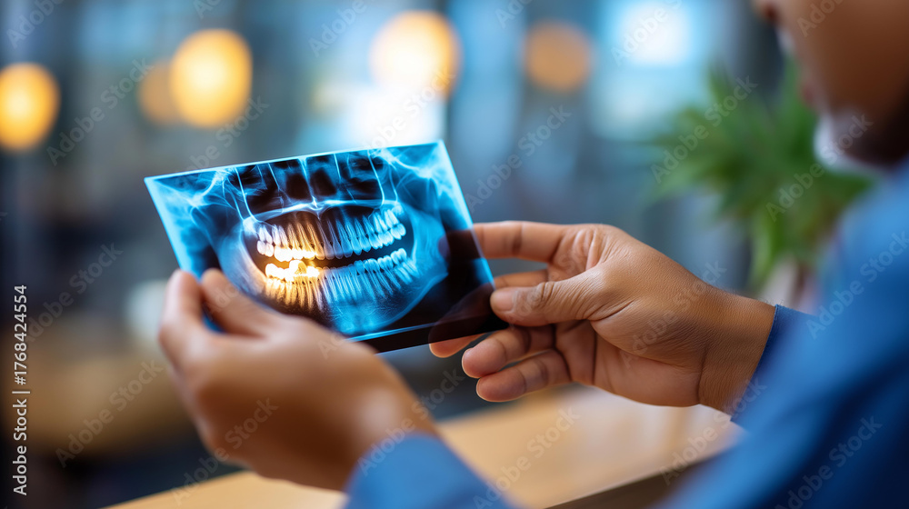 Hands holding dental x ray showing wisdom teeth face not visible molar ...