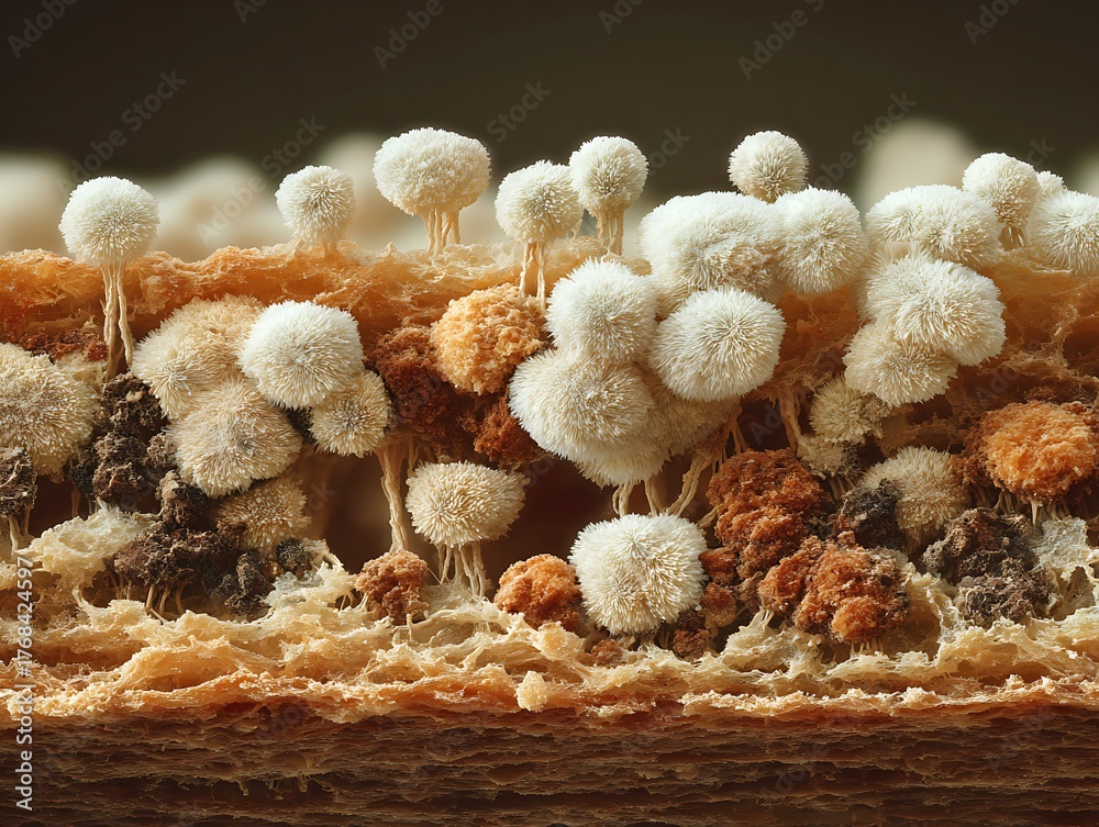 Mold growth on stale bread, white fluffy structures appear covering the ...