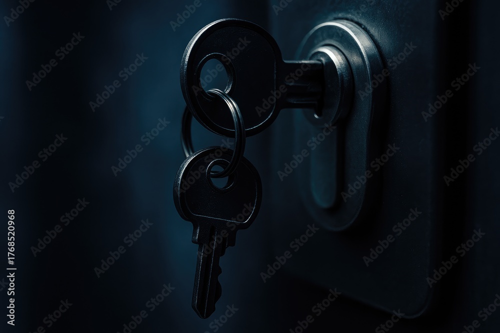 Access granted with dark metal keys in a lock mechanism, security ...