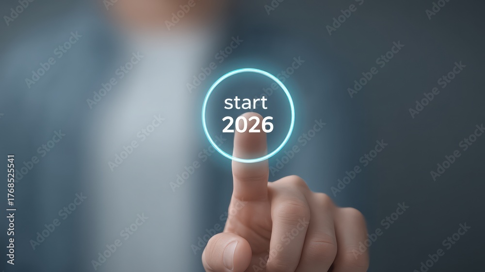 Stock-Foto „action goal 2026 A finger touching a glowing button labeled ...