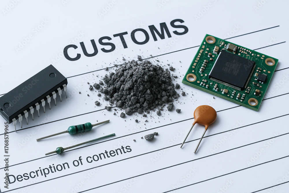 Rare earth powder beside electronic components on customs declaration ...