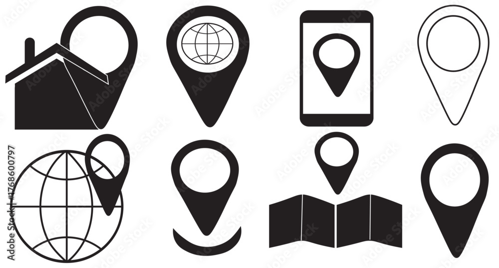 Diverse collection of colorful location pins and navigation symbols for ...