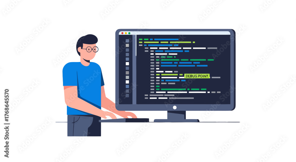 Software Developer Debugging Code on Modern Computer System, Binary ...