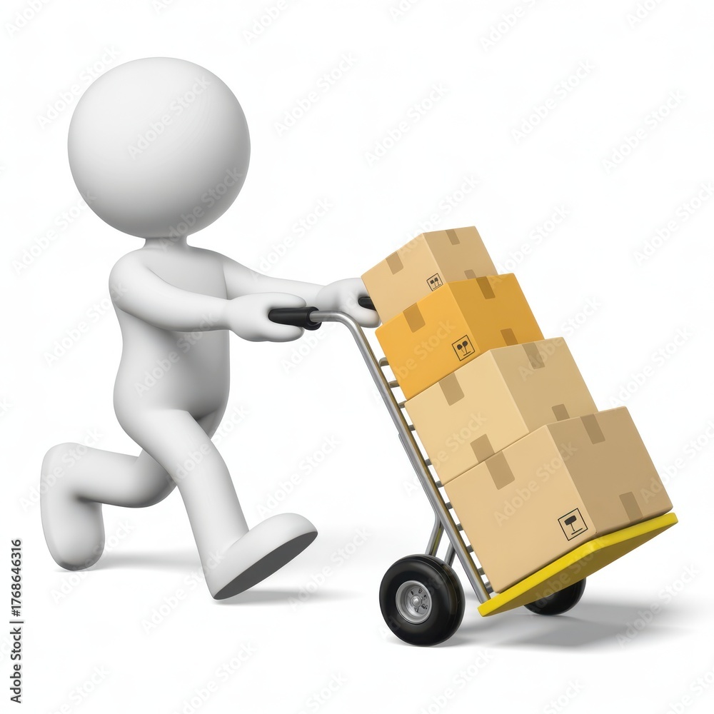 Smooth white stick figure pushing a loaded hand truck with boxes for ...
