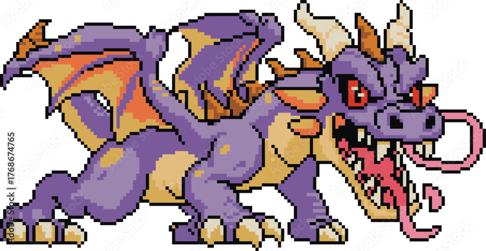 Stock-Vektorgrafik „Pixel art dragon, fierce fantasy creature, retro video game monster, purple ...
