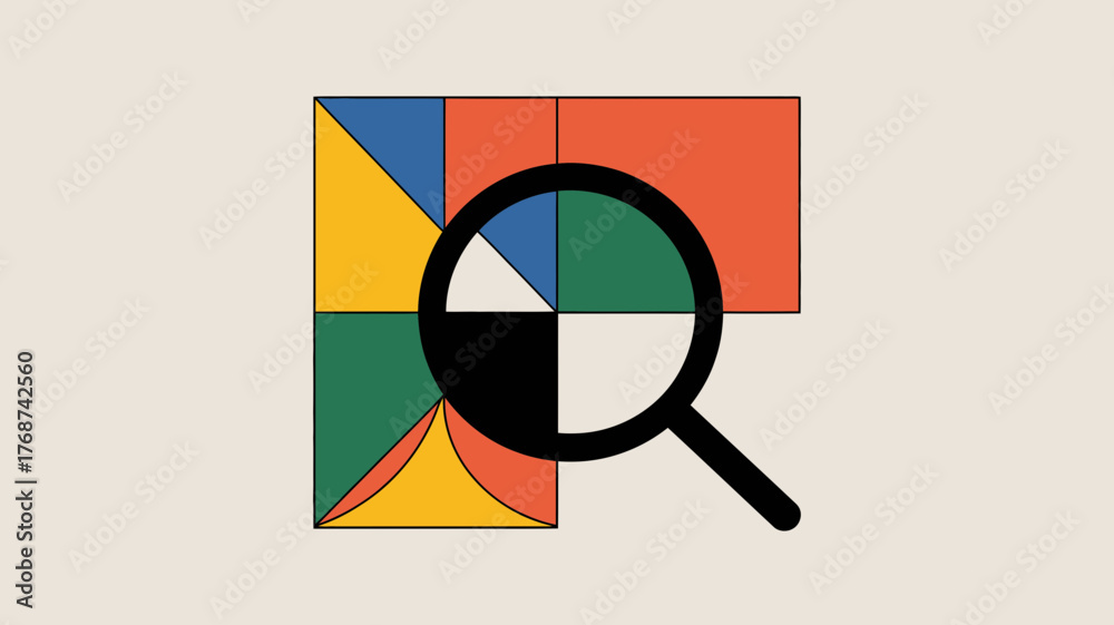 Abstract geometric shapes in primary colors with a magnifying glass ...