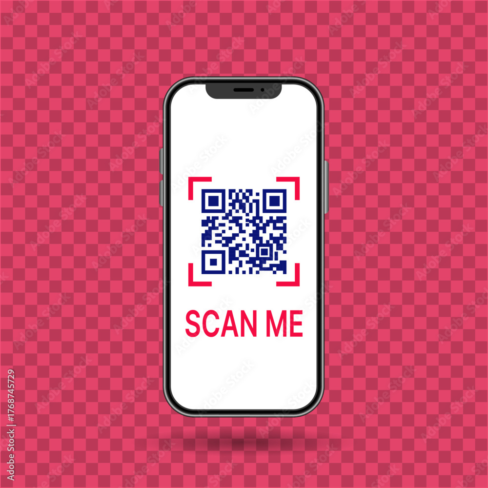 Stock-Vektorgrafik „Realistic Smartphone Mockup Displaying Scan Me Message and QR Code for ...