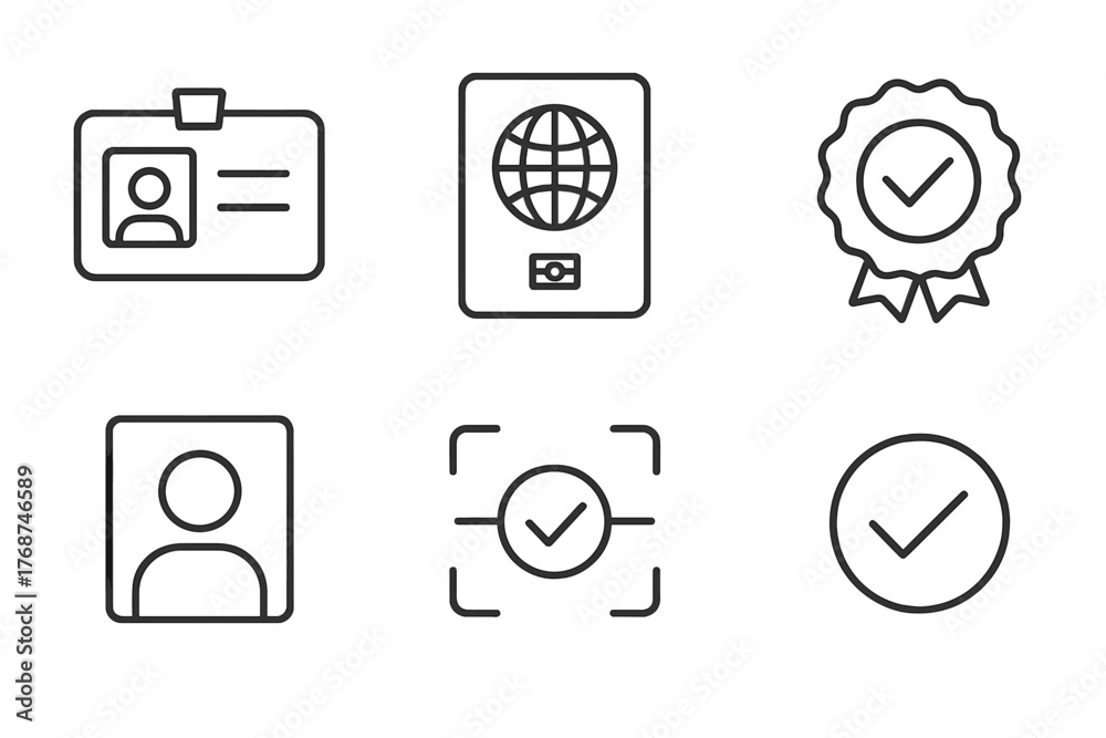 Credential verification icons: id, passport, badge, and checkmark ...