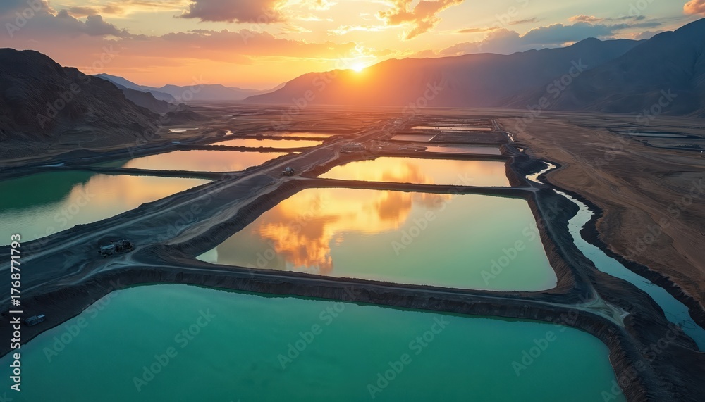 Aerial view of mineral mining evaporation ponds. Industrial landscape ...
