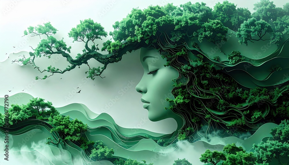 Dreamlike composition of woman merging with forest landscape evoking ...