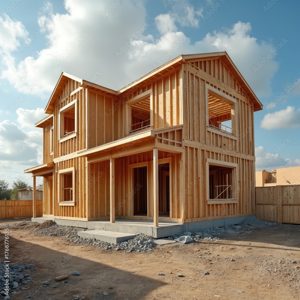 New two story house framing under construction. Wooden studs form ...