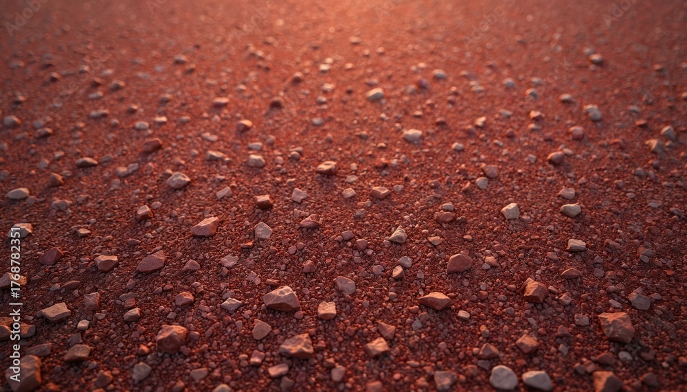 Flat surface covered with red gravel stones. Earthy ground texture with ...