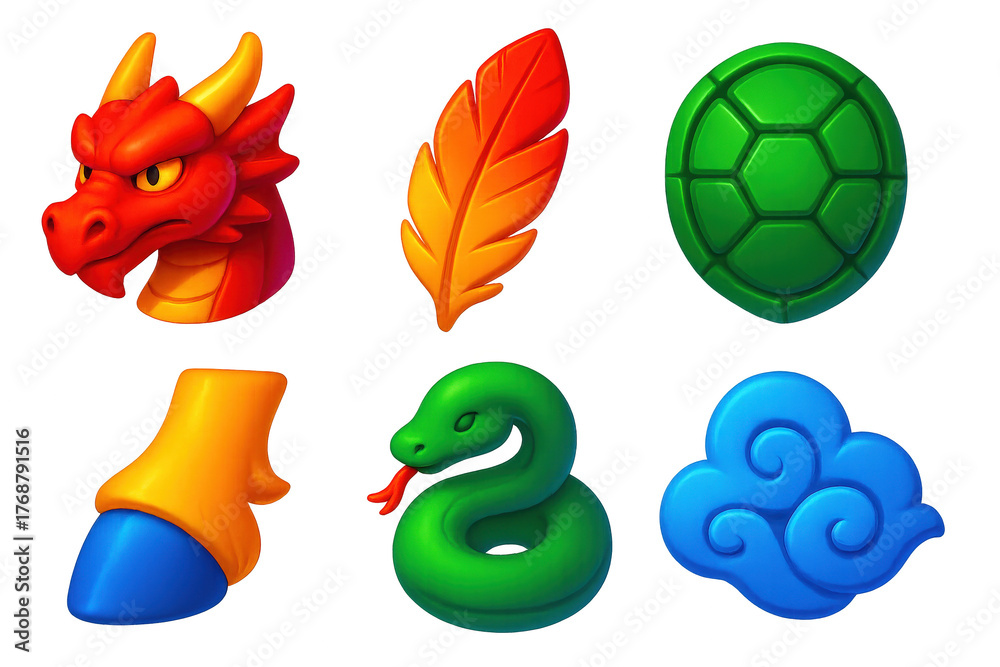 Mythic Creature Icons. 3D icon set of mythic creatures: dragon head ...
