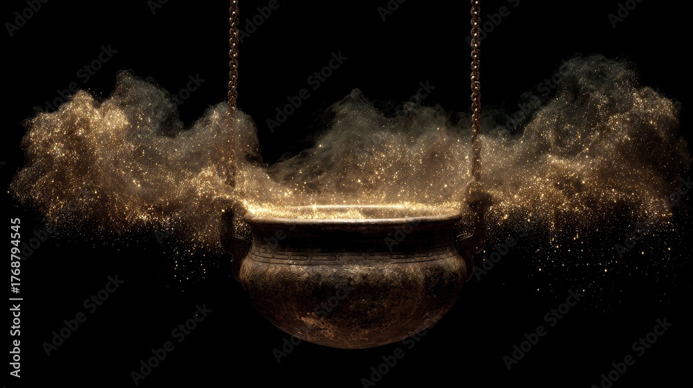 Traditional Chinese bronze ritual vessel floating in air surrounded by ...