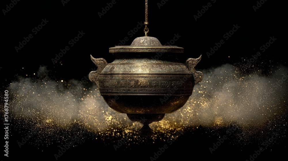 Traditional Chinese bronze ritual vessel floating in air surrounded by ...