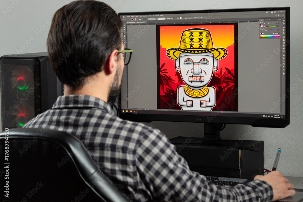 Zdjęcie bez tantiem: a graphic designer man backward designing an ...