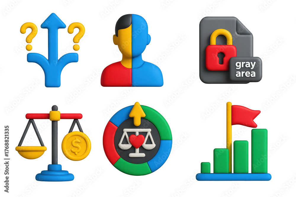 Ethical Dilemma Icons. 3D icon set of moral dilemma symbols: forked ...