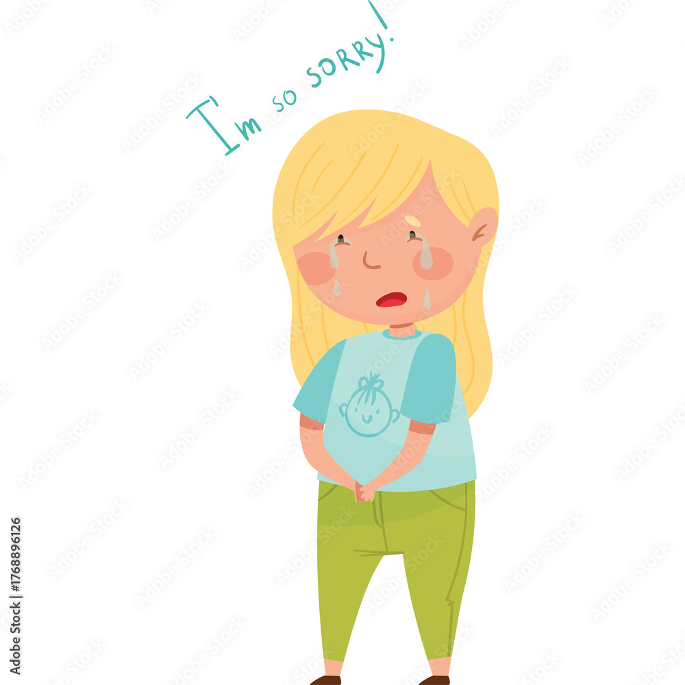 Young blonde girl crying tears of sadness with text I am so sorry on ...