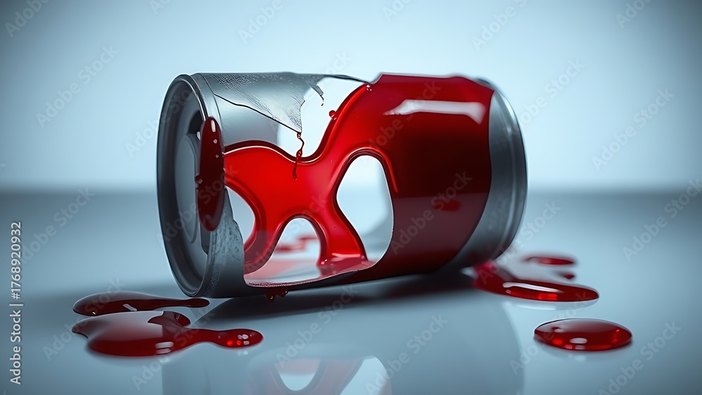 Shattered soda can with spilled liquid forming a red ribbon shape on a ...