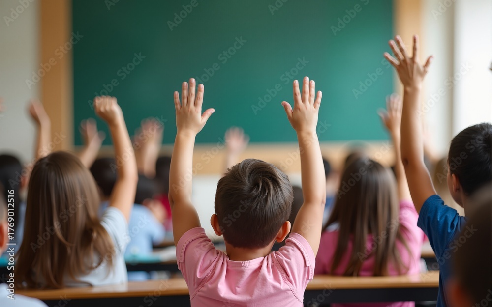 Children raise their hands to answer in the classroom. Back To School ...