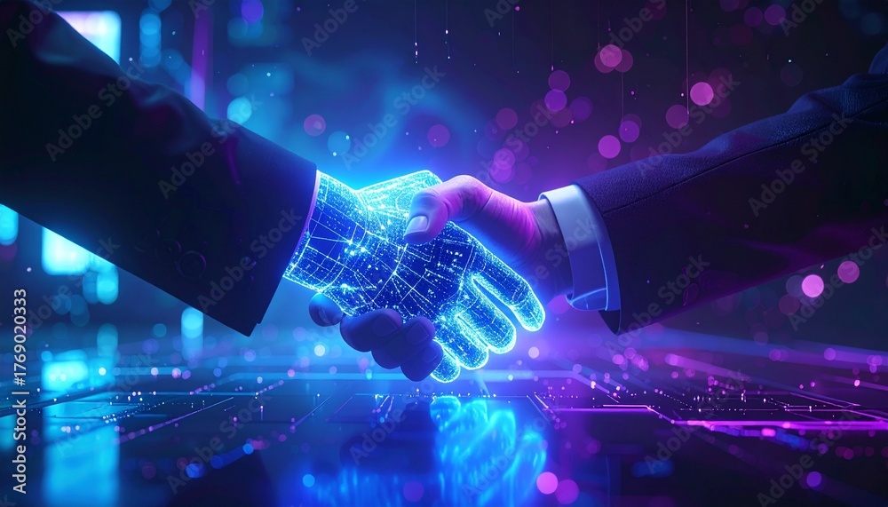 Стоковое фото «Human and AI Agent Shaking Hands on Digital Interface ...