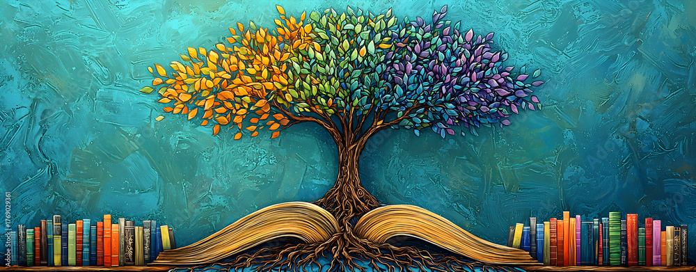 Knowledge tree artwork with branches of growth and roots in books and ...