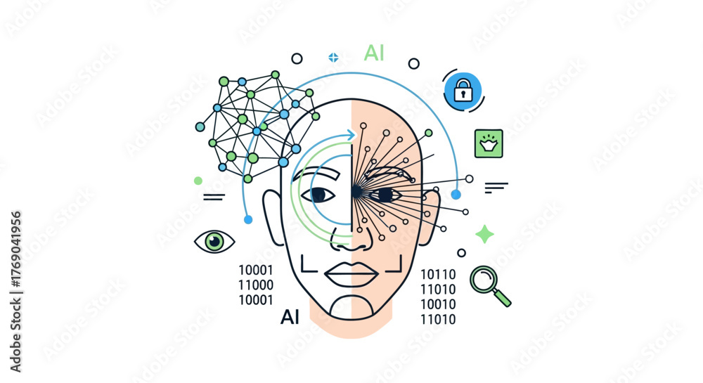 Digital AI Half human face half data with binary code lock crown and ...