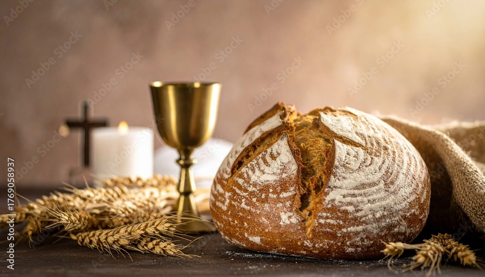 Photo Stock Holy Communion bread with cross symbol traditional ...