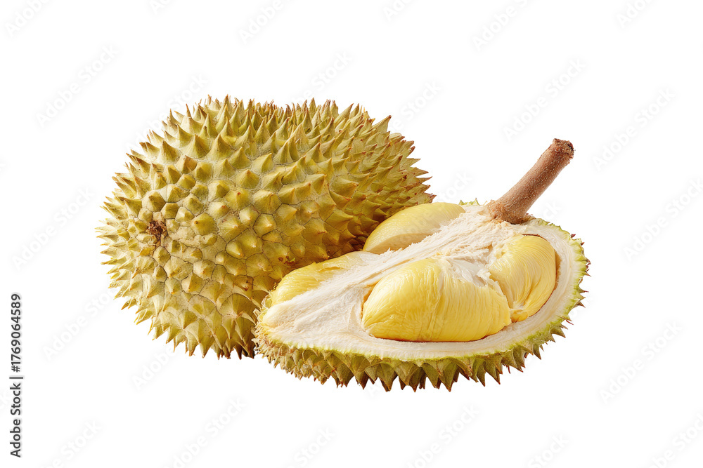 Cut durian fruit with cream segments, spiky rind beside Stock Photo ...