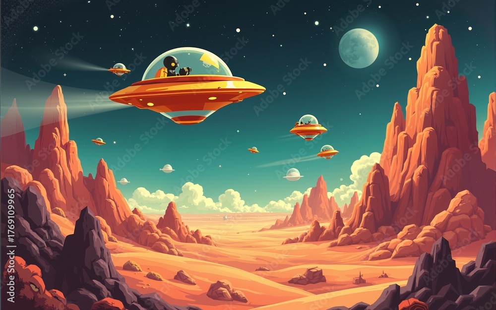 Retro space alien flying saucers zooming through outer space 1960s ...