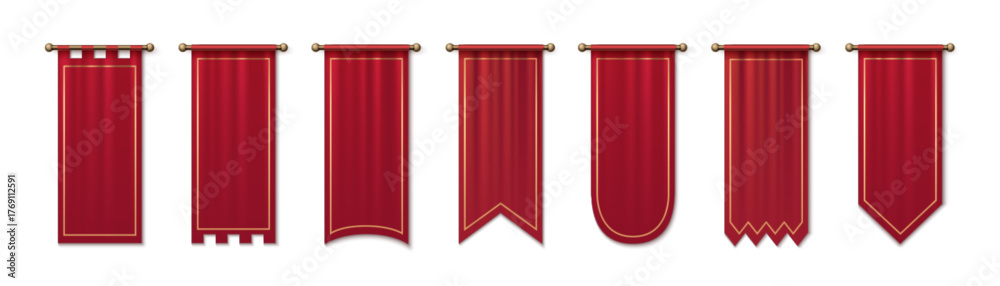 Red medieval pennant banners hanging from brass rods - royal silk flags ...