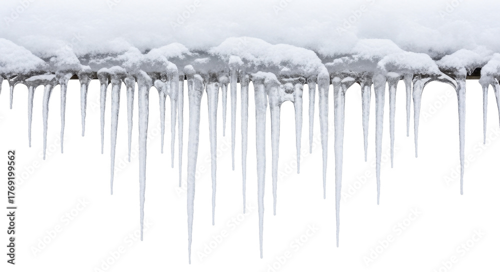 Fresh snow and sharp icicles hanging from a roof edge on a transparent ...