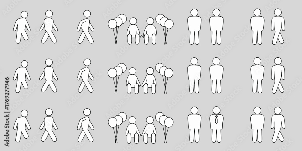 Collection of simple stick figure people icons showing different poses ...