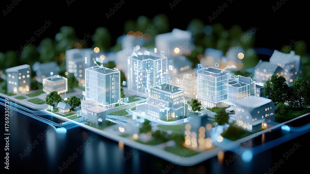 Ilustracja bez tantiem: Miniature city model with illuminated buildings ...