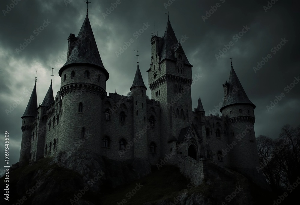 At Halloween, an ancient vampire castle looms under a cloudy sky ...