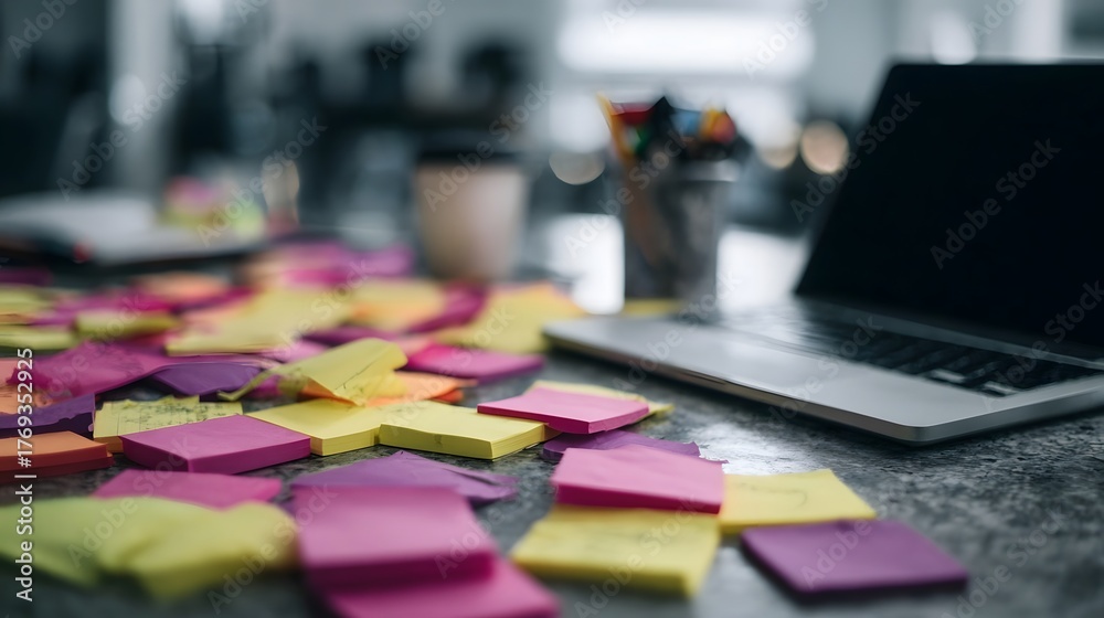 Desk covered in colorful sticky notes next to an open laptop ...
