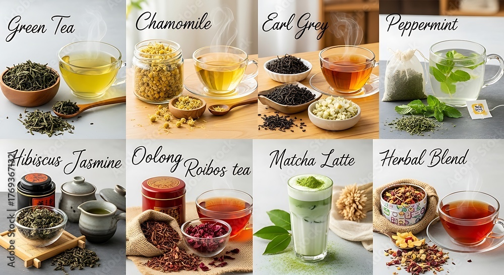 Collage showcasing eight different types of tea, including green tea ...