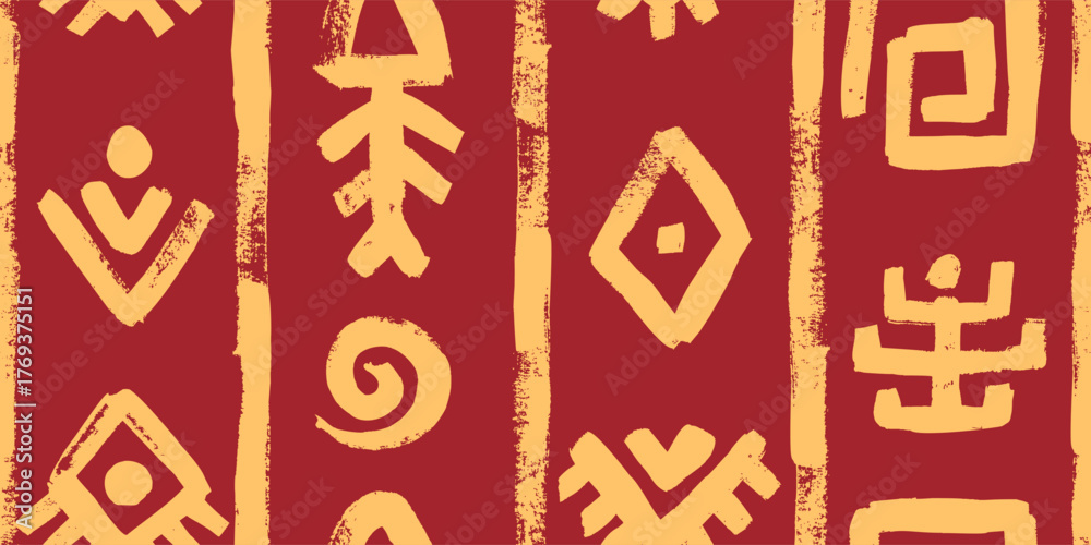 Seamless vector pattern with yellow on red bg fish bone, arrow, rhombus ...