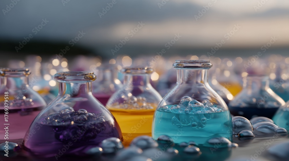 Laboratory Erlenmeyer Flasks with Multicolored Liquids in Golden Hour ...