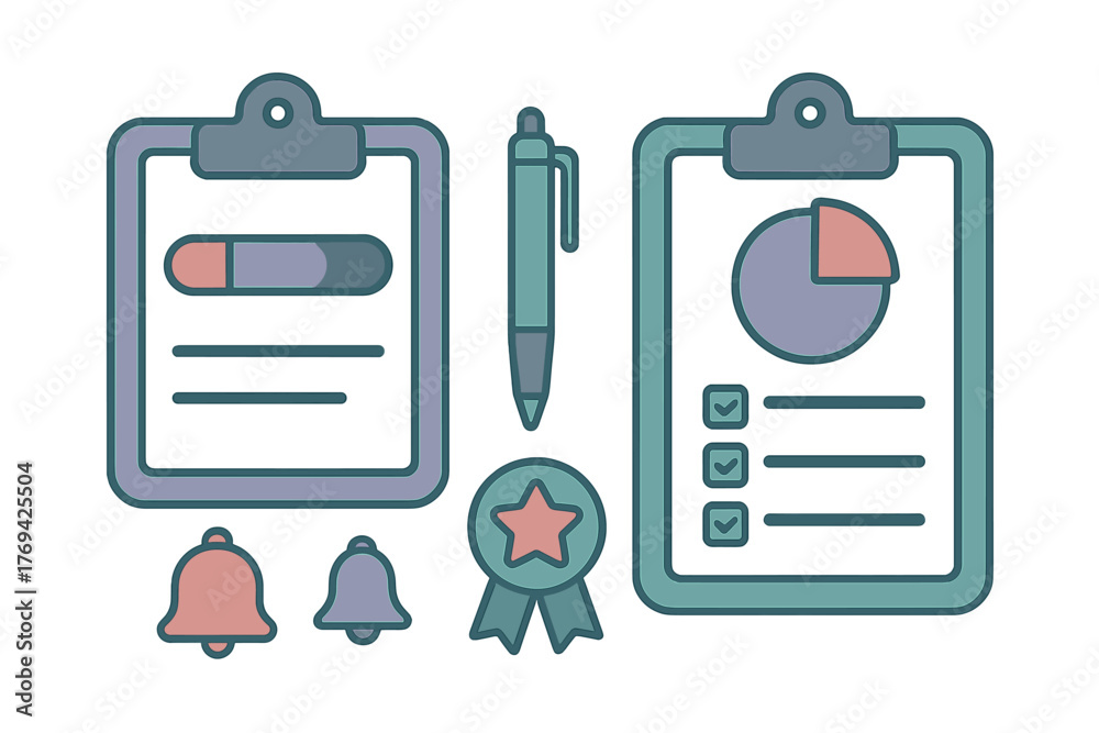 Set of business productivity icons including reports, checklist ...