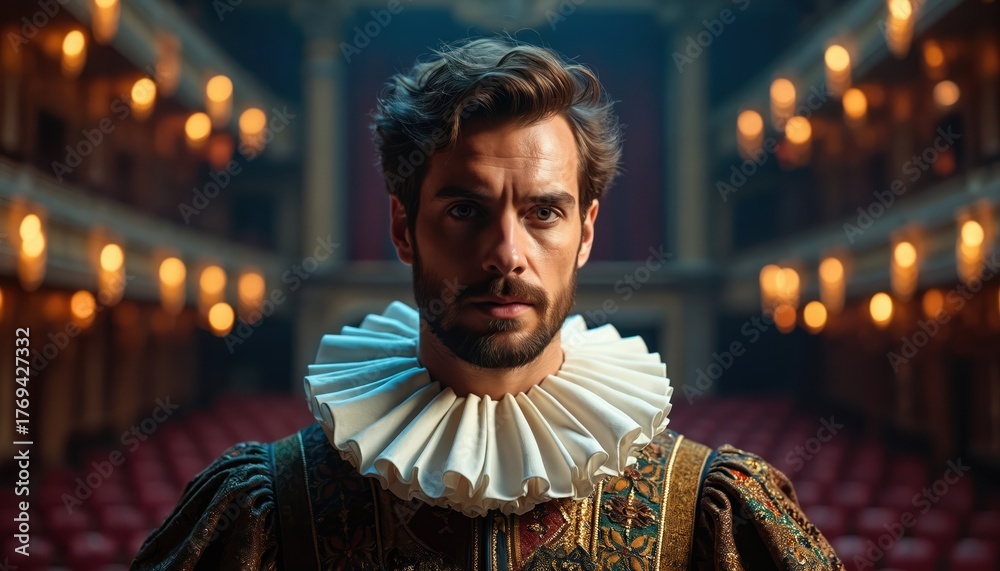 Man wears ruff collar and period clothing on stage. Actor looks at ...