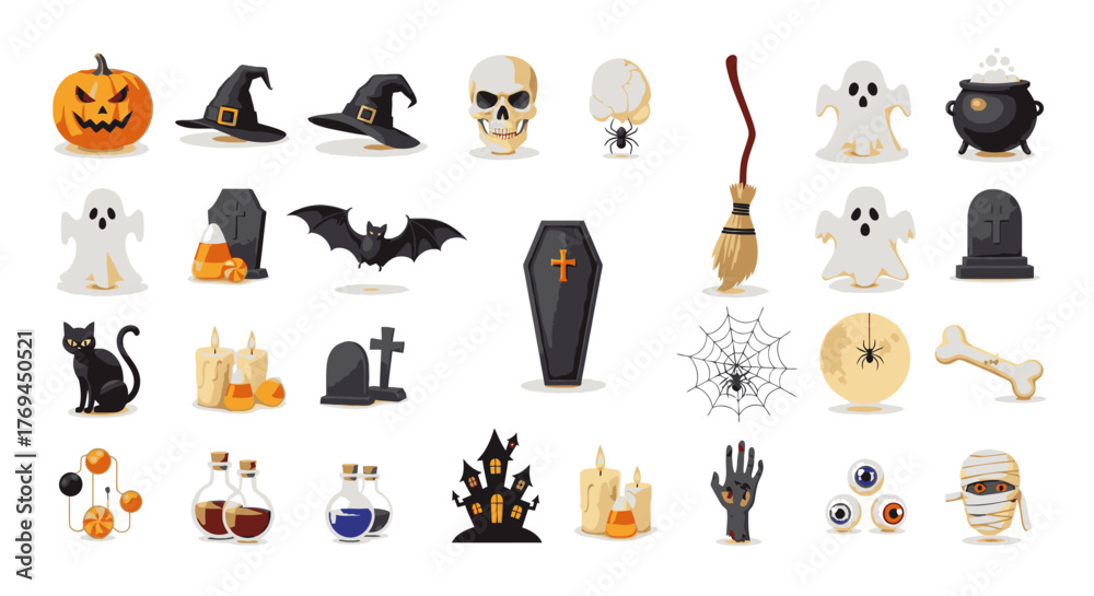 Halloween themed vector art with pumpkin, skull, ghost, coffin, bat ...