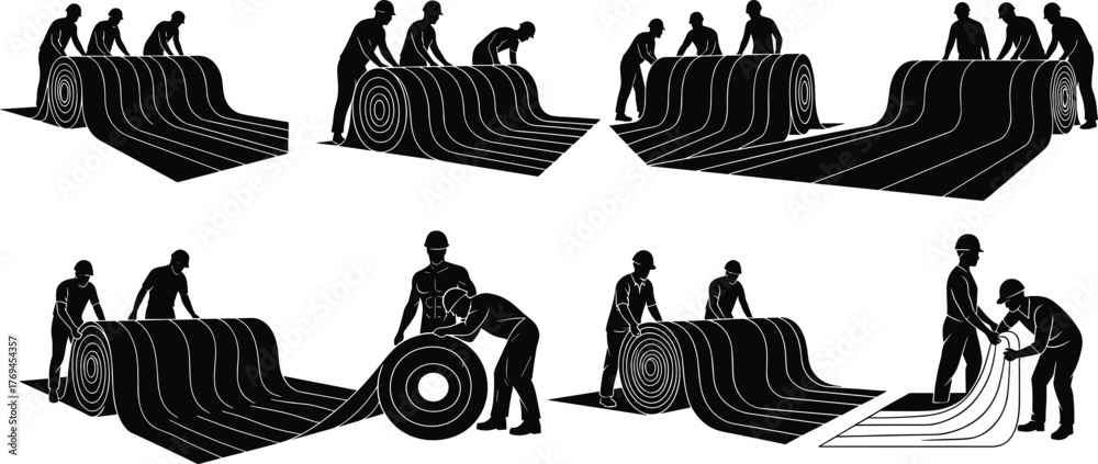 Silhouette vector illustration of workers handling large material rolls ...